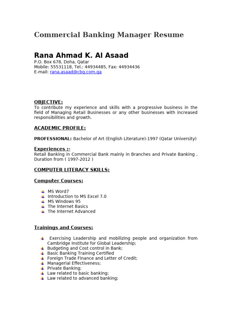 Commercial Banking Manager CV | PDF | Banks | Business