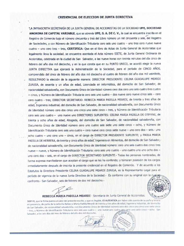 Credencial de Eleccion de Junta Directiva | PDF