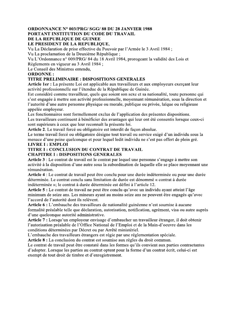 CODE de TRAVAIL Code de Travail Guinee | PDF