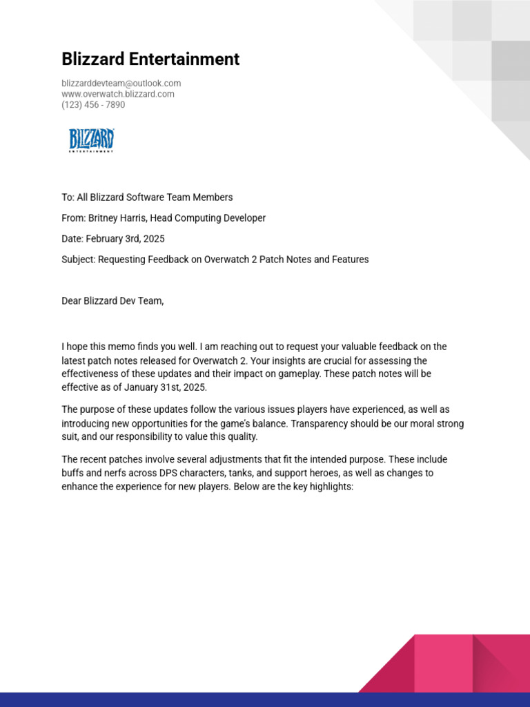 Blizzard Patch Notes Memo- BRITNEYHARRIS | PDF