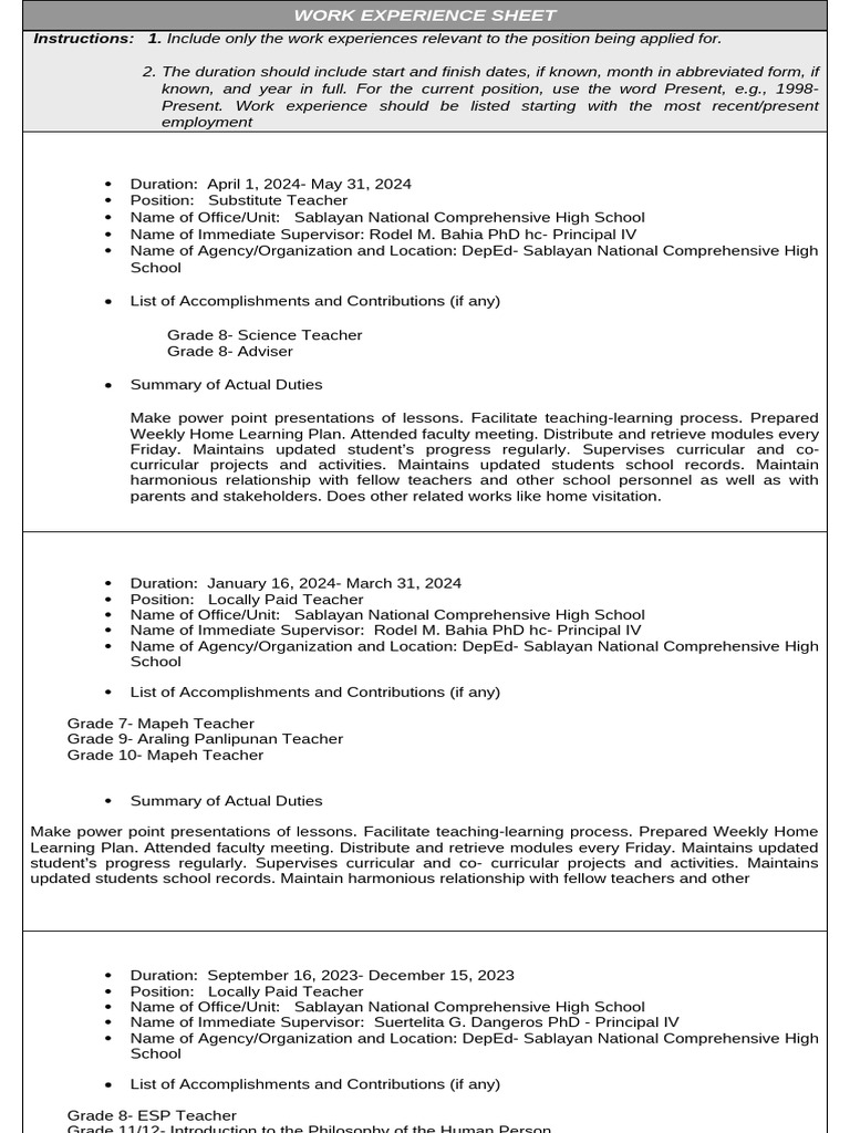 Work-Experience-Sheet | PDF | Teachers | Learning