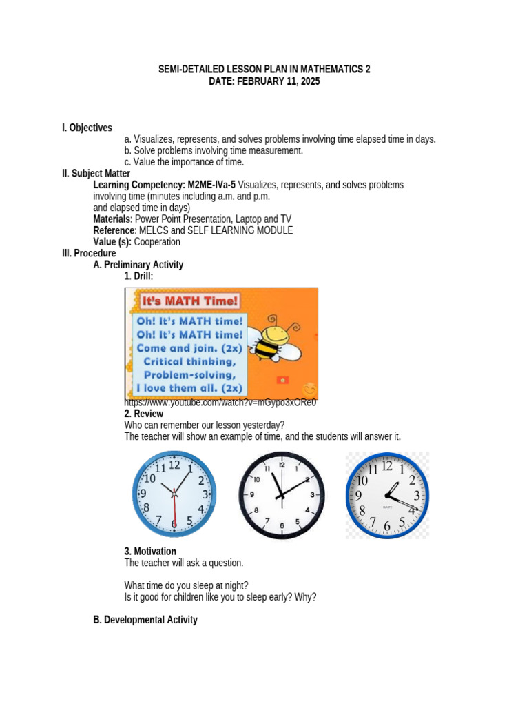Mathematics Lesson Plan on Time Management | PDF | Teachers | Behavior ...