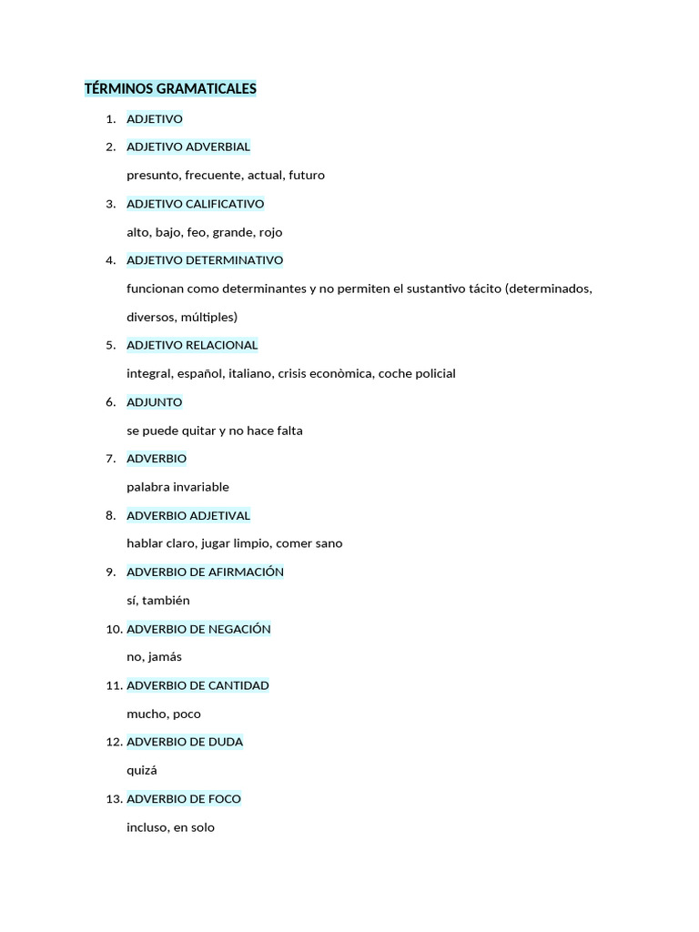 Glosario de Términos Gramaticales | PDF | Adverbio | Verbo