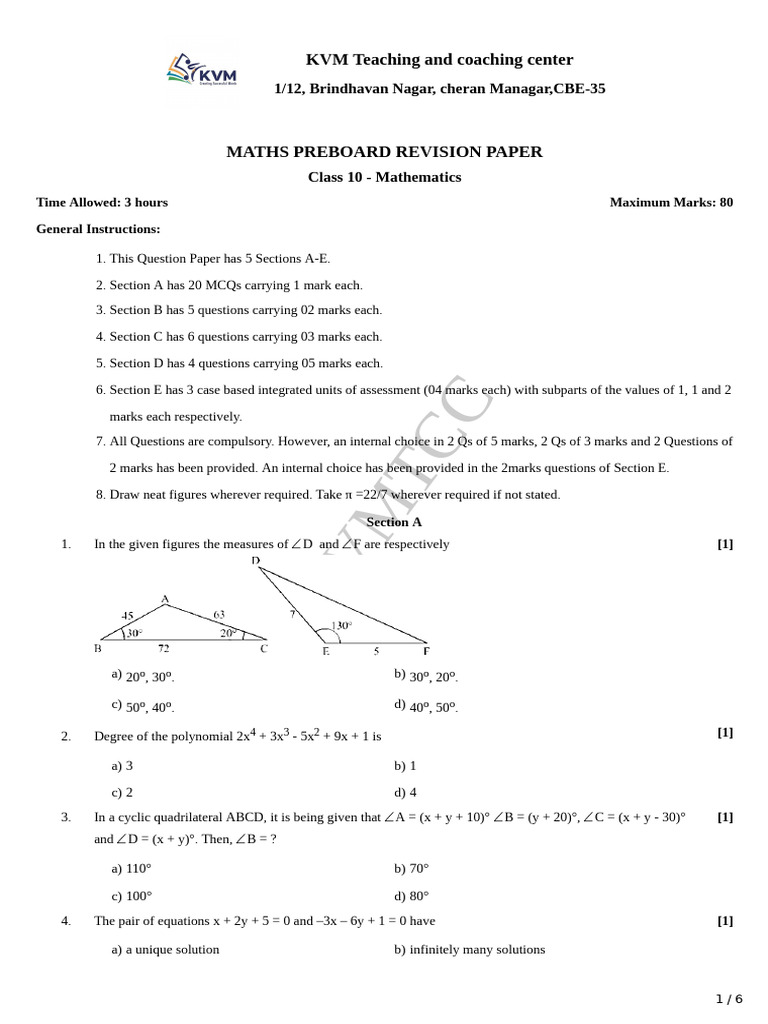 KVM Maths Preboard Paper | PDF | Circle | Area