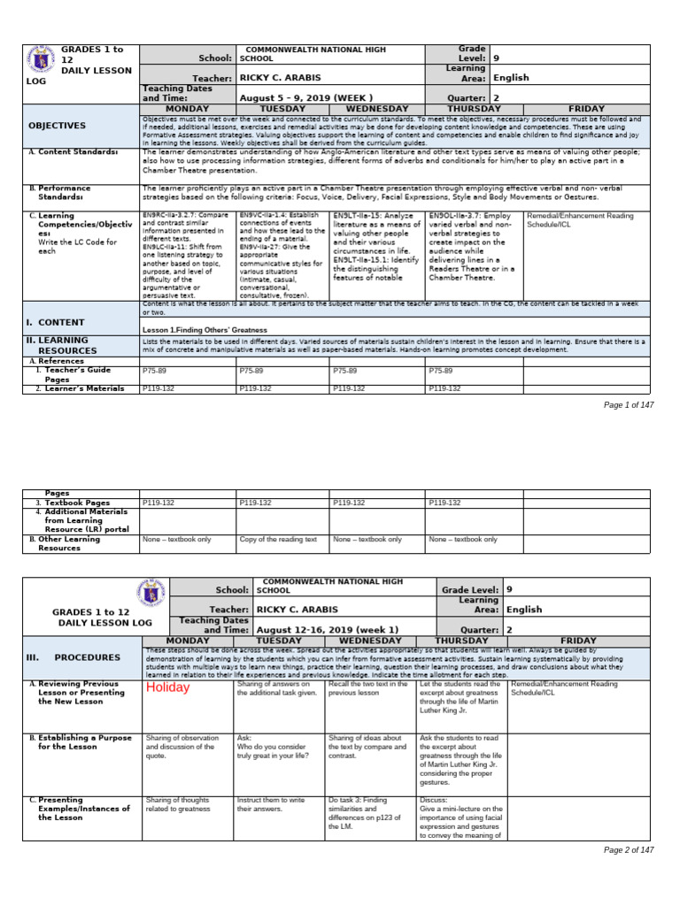 G - 9 English DLL Q2-Q4 | PDF | Learning | Teachers