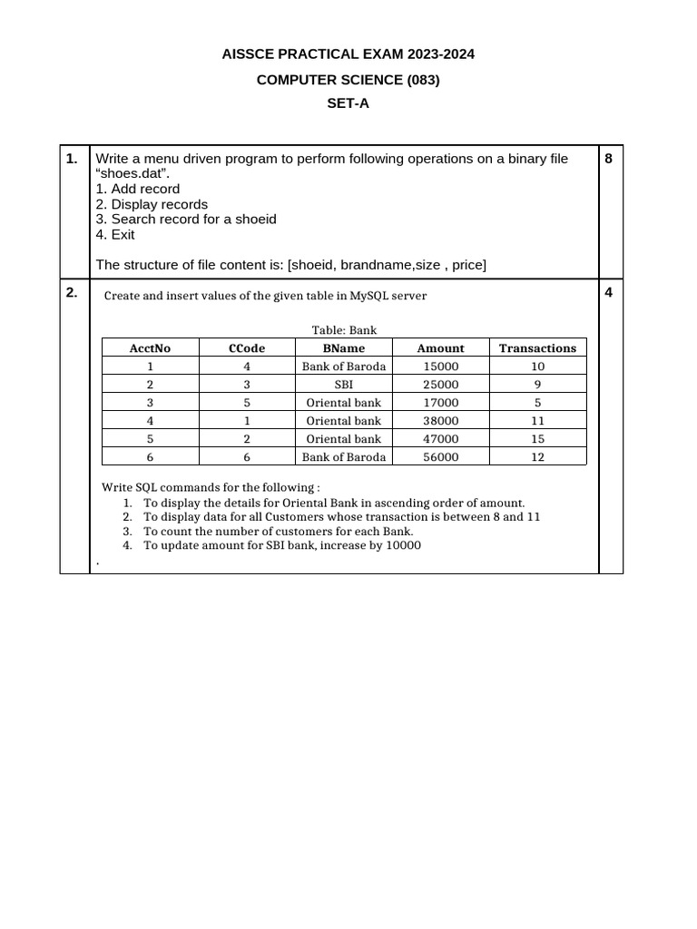 AISSCE Computer Science Practical Exam 2023-24 | PDF | Databases | Data Management