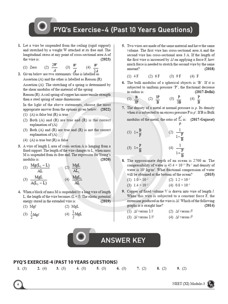 10 - Mechanical Properties of Solids - PYQ | PDF | Stress (Mechanics) | Density