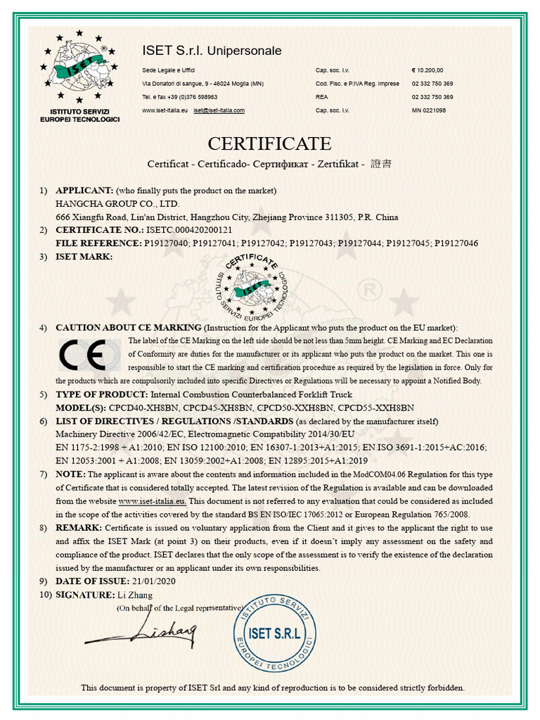 ISET Certificate for Forklift Trucks | PDF | Regulation