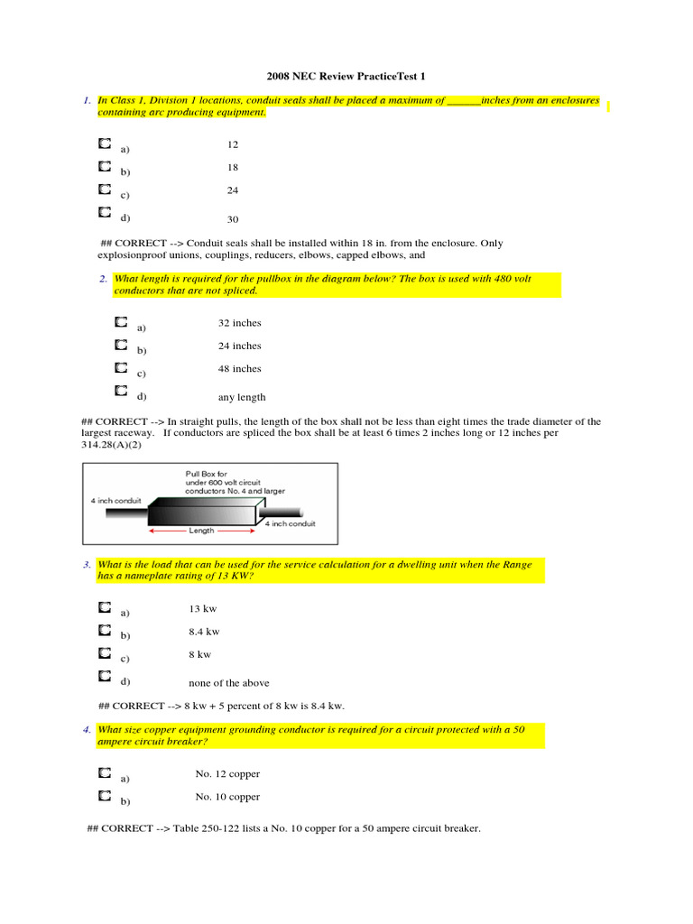 2008 NEC Practice Test Questions | PDF | Electrical Wiring | Volt