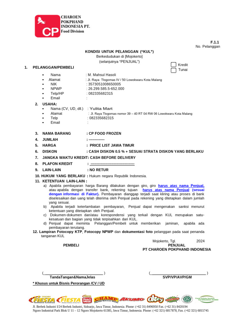 FORM KUL PERSEORANGAN Mahsul | PDF