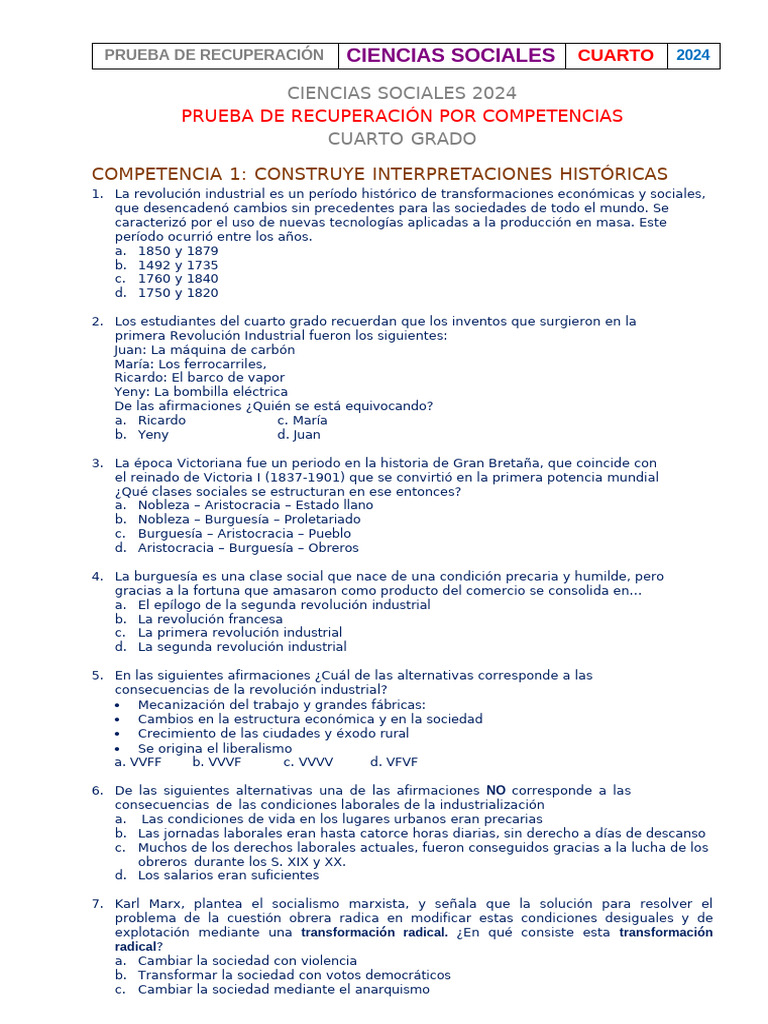 4°CCSS Preguntas Recuperación 2024 | PDF | Revolución industrial | Biodiversidad