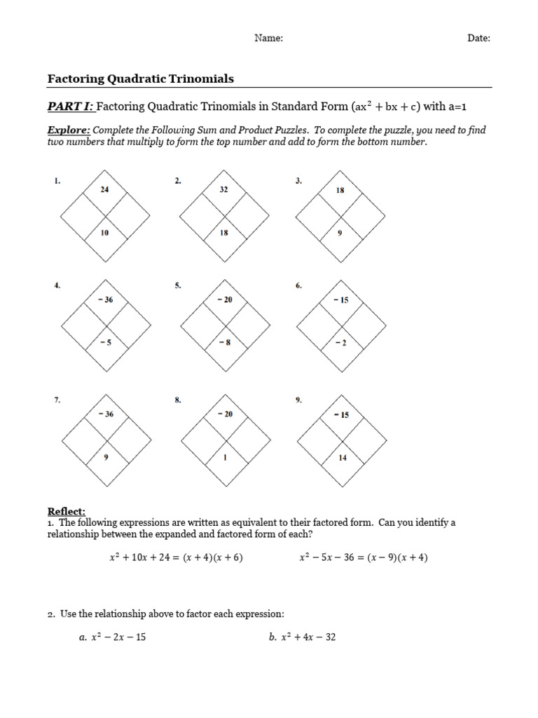 Factoring Quadratic Trinomials in Standard Form With A 1 | PDF