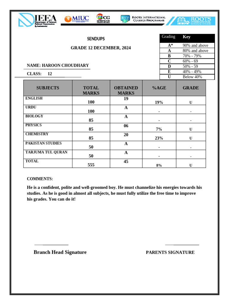Haroon Choudhary's December Grades | PDF