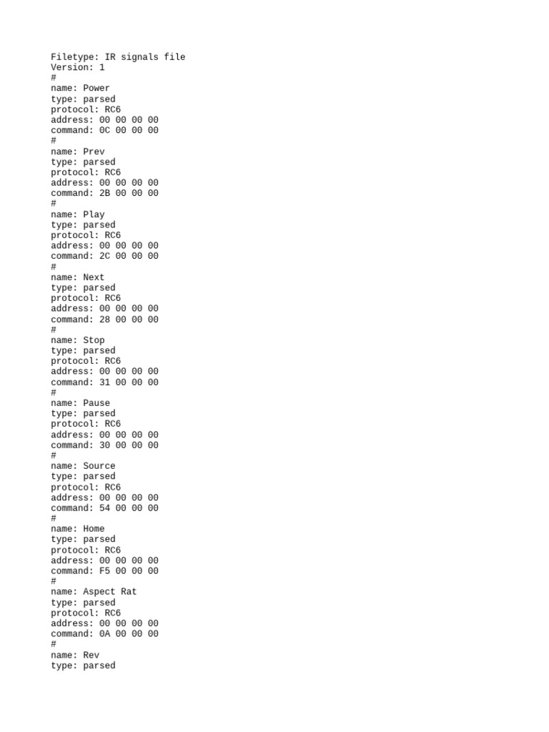 RC6 Protocol IR Signal Commands | PDF