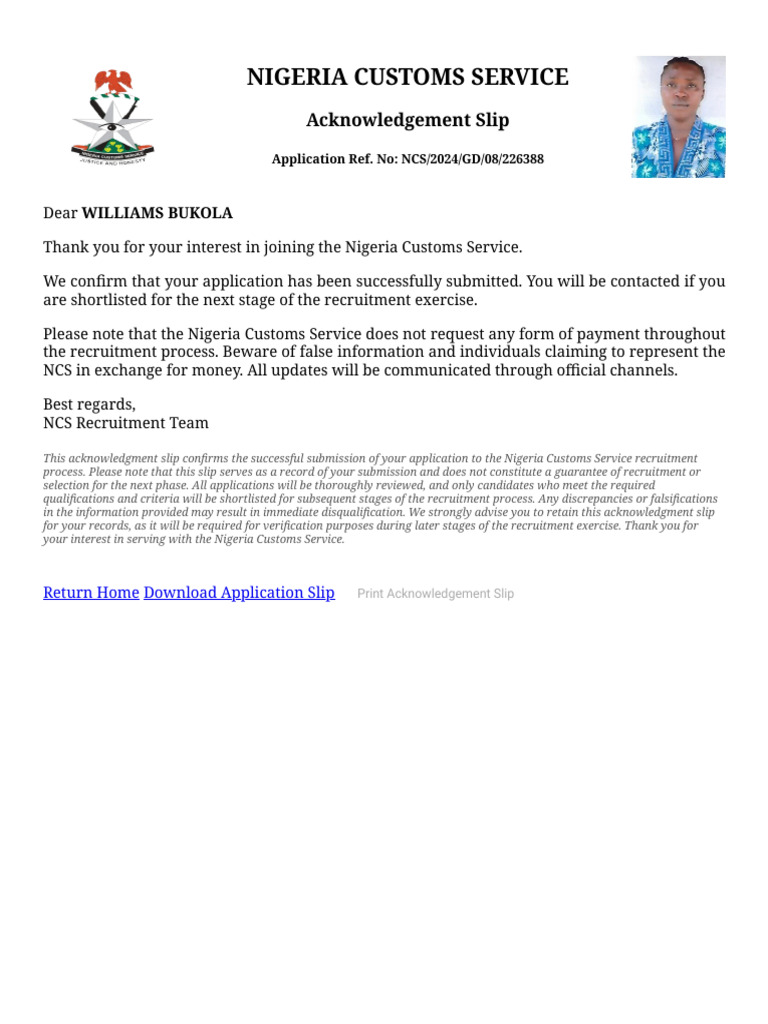 Williams Print Acknowledgment Slip | PDF