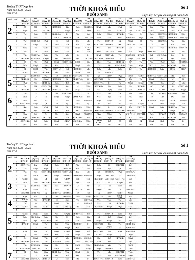 TKB HS Lan 1 Hoc Ky 2 Nam Hoc 2024 2025 | PDF