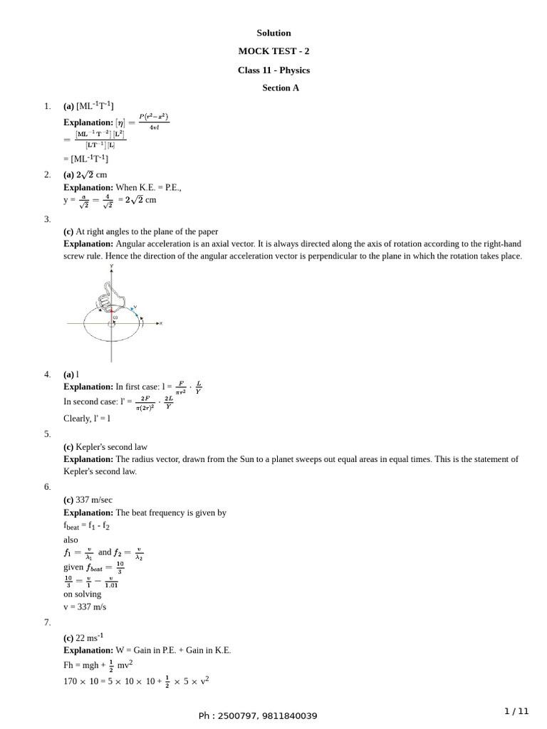 Solution - PHY MOCK TEST 2 | PDF | Rotation | Force