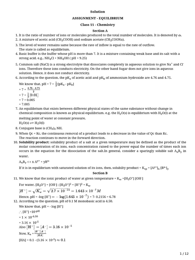 Chemistry Equilibrium Assignment | PDF | Acid | Chemical Equilibrium