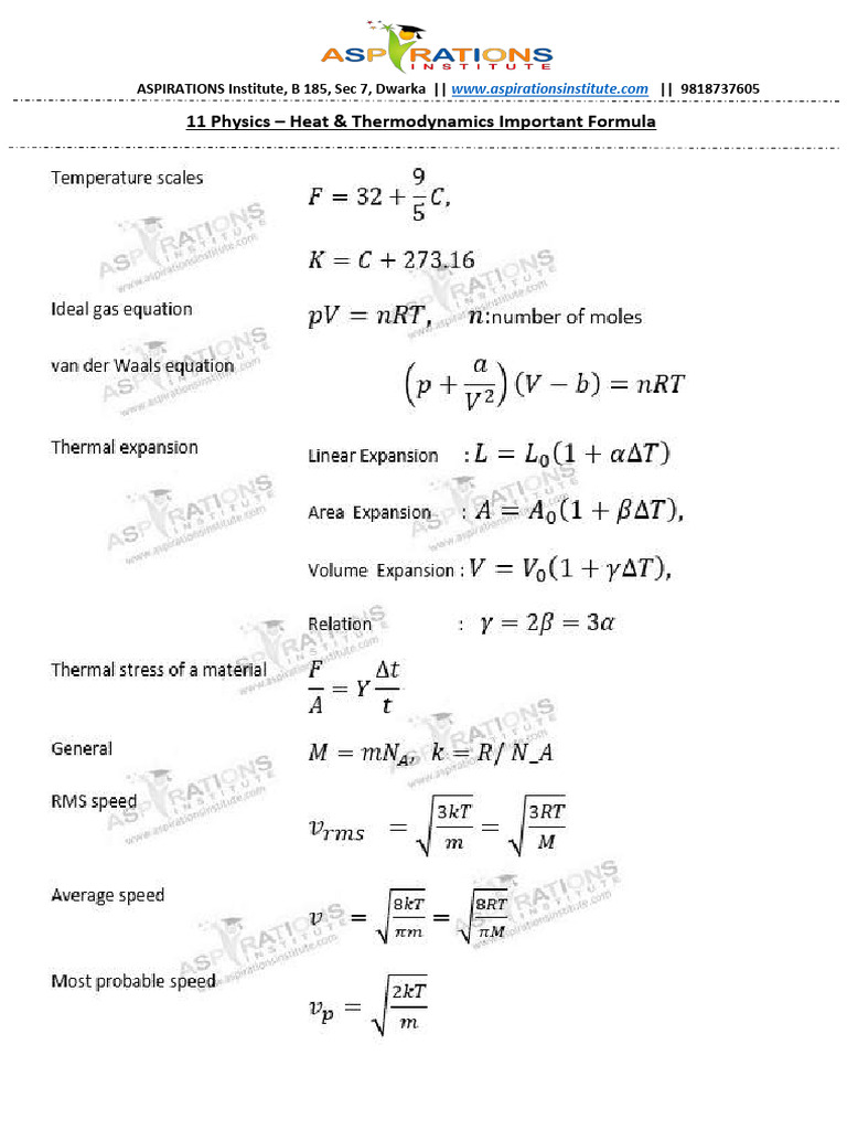 11 Phy Formula List PDF Heat Thermodynamics | PDF