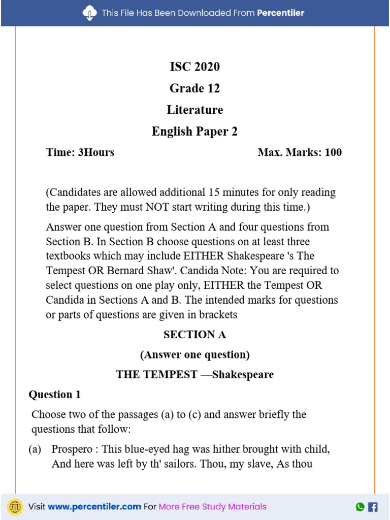 ISC Eng. Literature QP 2020 - Percentiler | PDF | The Tempest