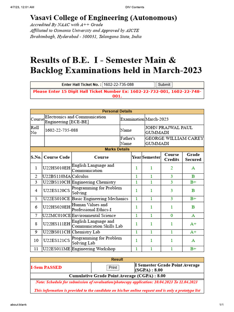 1st Semester Results | PDF