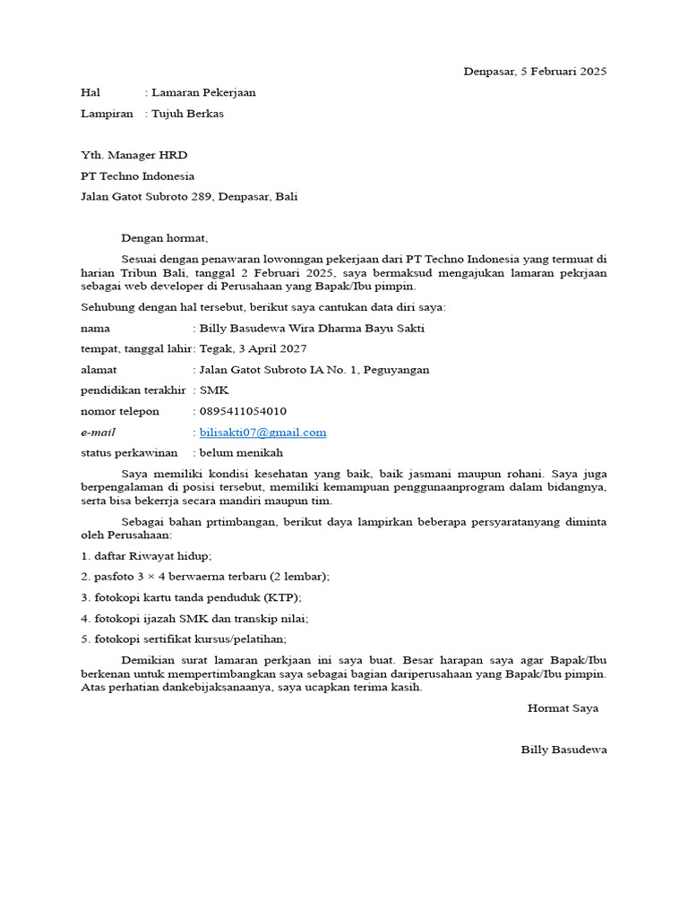Surat Lamaran Pekerjaan Billy | PDF