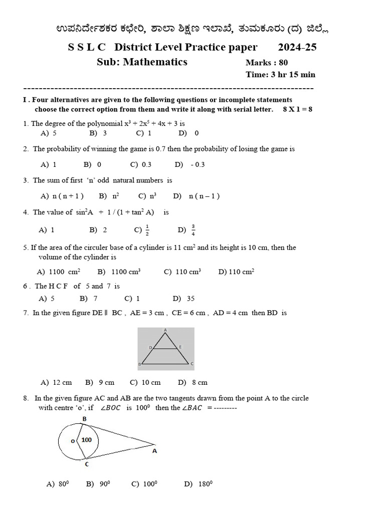 10th STD Maths District Level Preparatory Paper Eng Version 2024-25 by ...