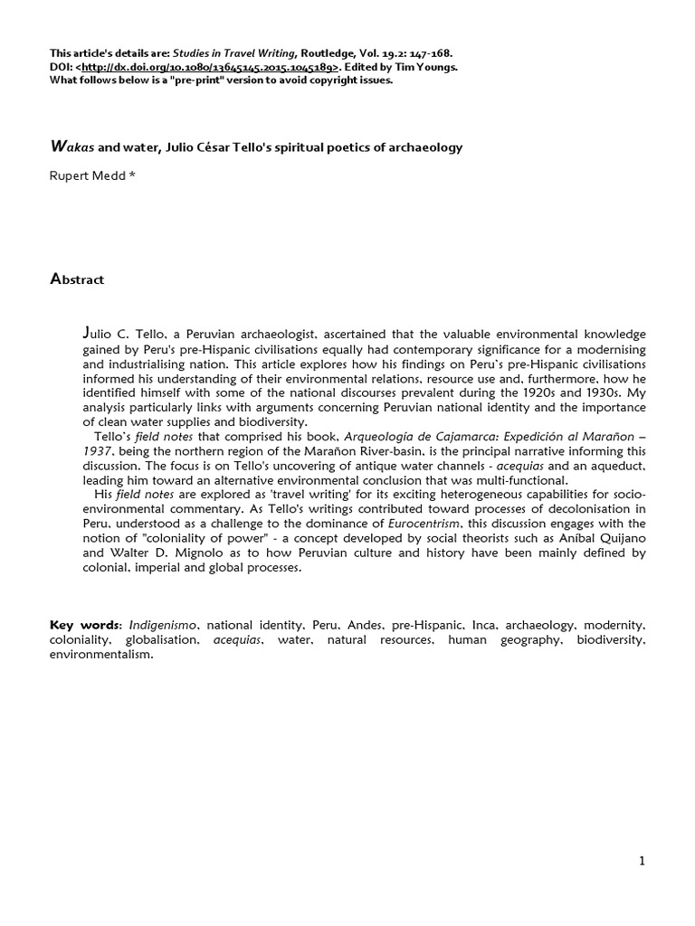 Wakas and Water Julio Cesar Tellos Spiri | PDF | Peru | Inca Empire