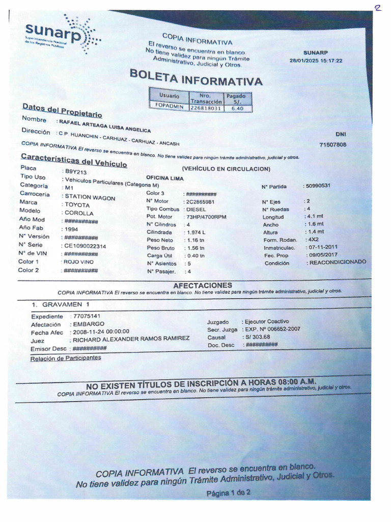 Boleta informativa de la SUNARP | PDF
