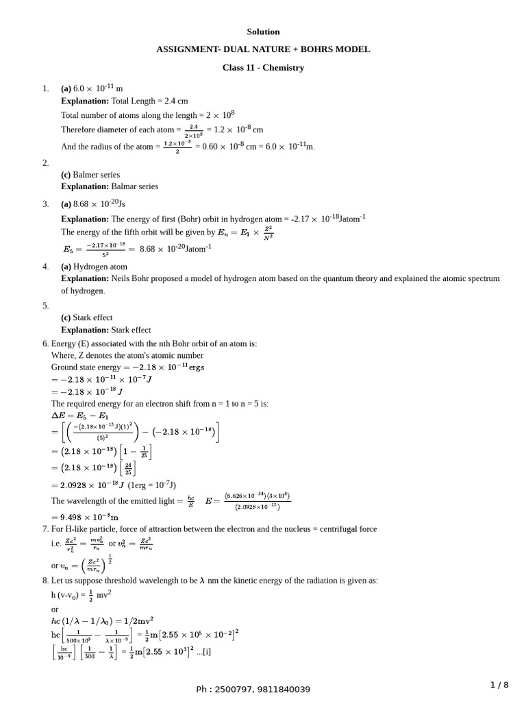 solution- ASSIGNMENT- DUAL NATURE + BOHRS MODEL | PDF | Spectral Line | Quantum Mechanics