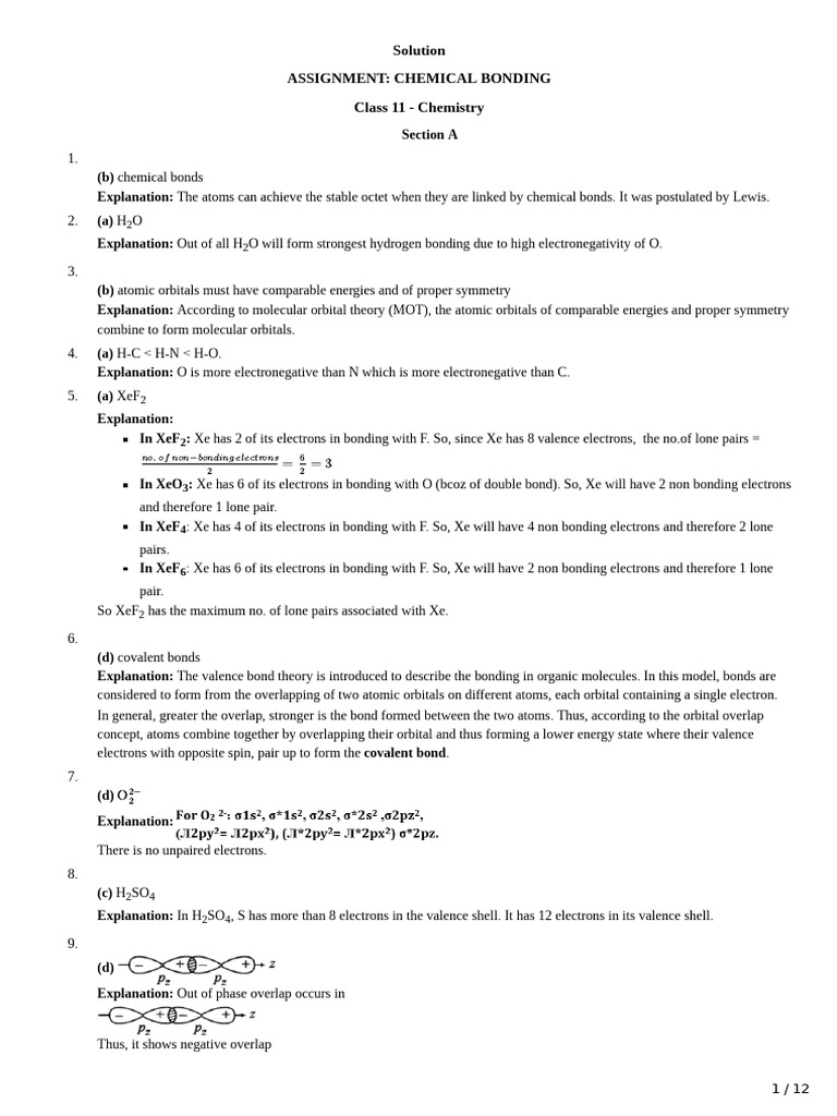 Solution - ASSIGNMENT CHEMICAL BONDING | PDF | Chemical Bond ...