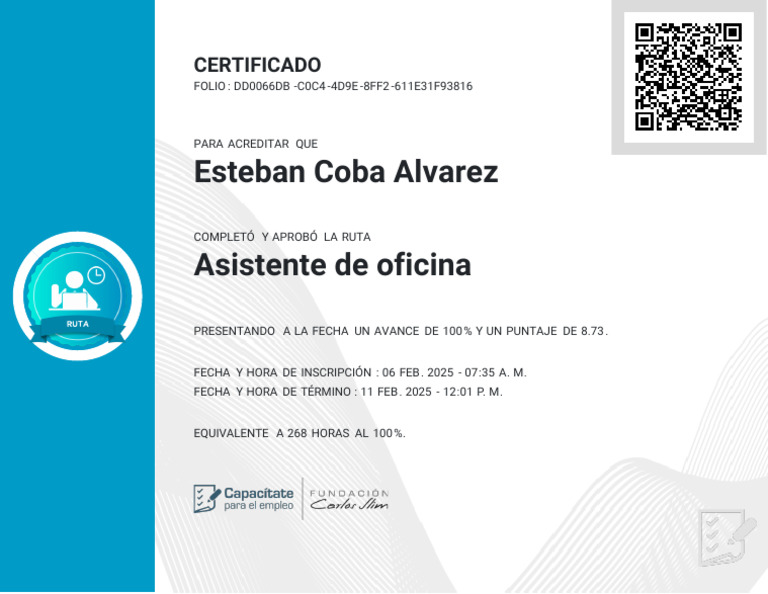 Certificado Asistente Oficina: Esteban Coba | PDF