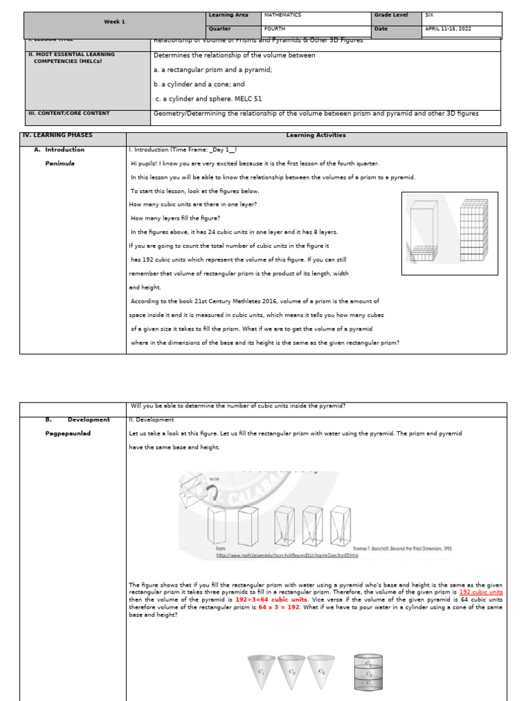 Q4-WHLP_Math-6-Week-1-2021-2022 | PDF | Volume | Length
