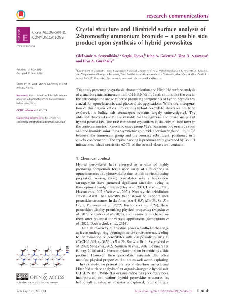 Crystal Structure and Hirshfeld Surface Analysis o | PDF | Chemical Bond | Condensed Matter Physics