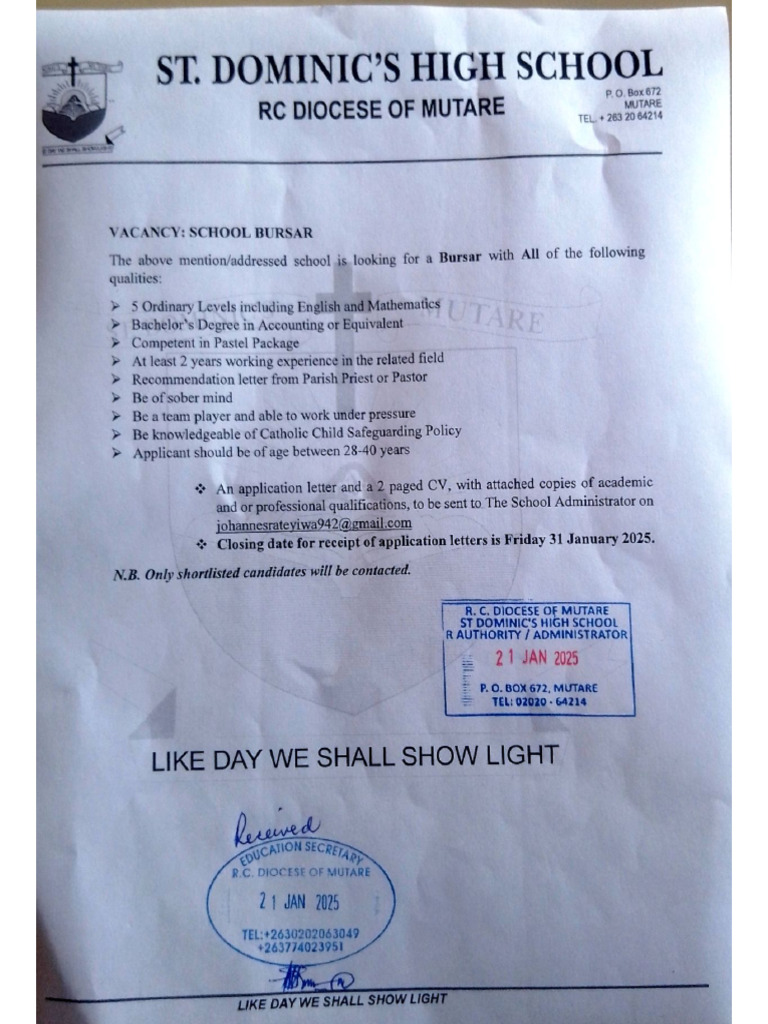 Vacancy School Bursar | PDF