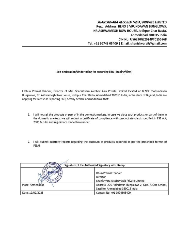 FBO Undertaking FSSAI | PDF