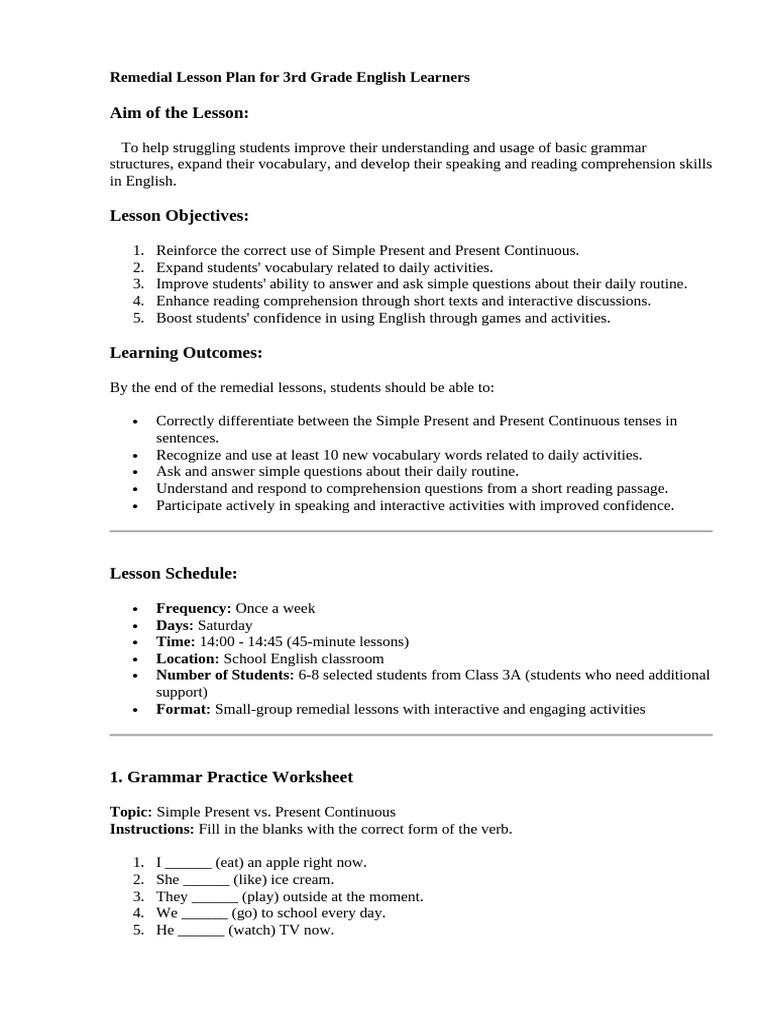 Remedial English Lesson Plan for 3rd Graders | PDF | Reading ...
