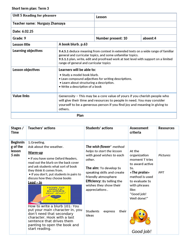 Lesson plan 9A | PDF | Adjective | Verb