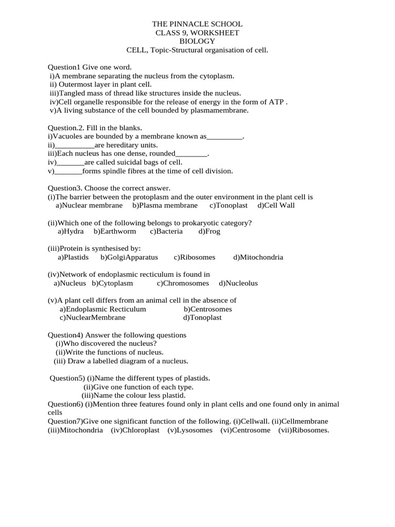 Cell Structure Worksheet Answers | PDF