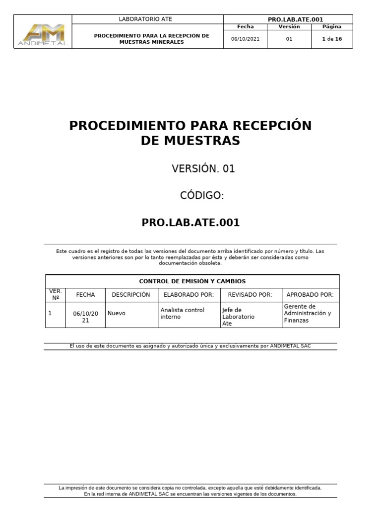 Procedimiento Recepción Muestras Minerales | PDF | Laboratorios | Minerales