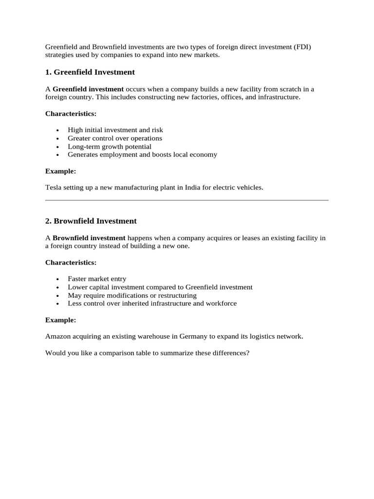 Greenfield and Brownfield investments are two types of foreign direct ...