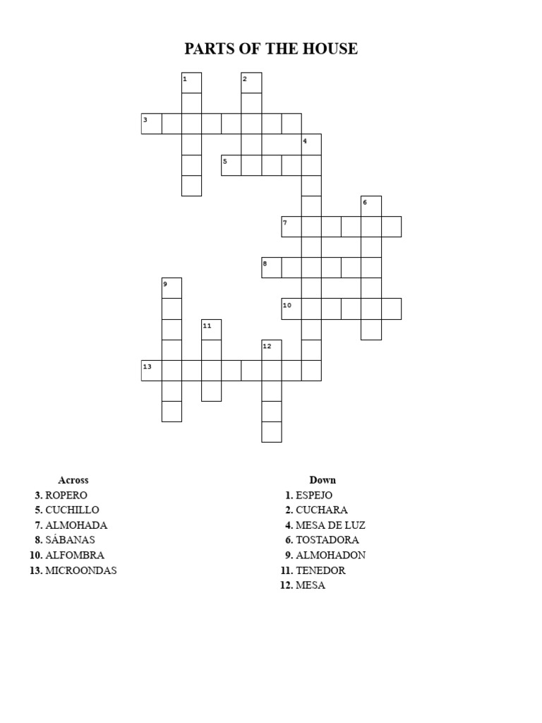 Crossword Parts of The House | PDF