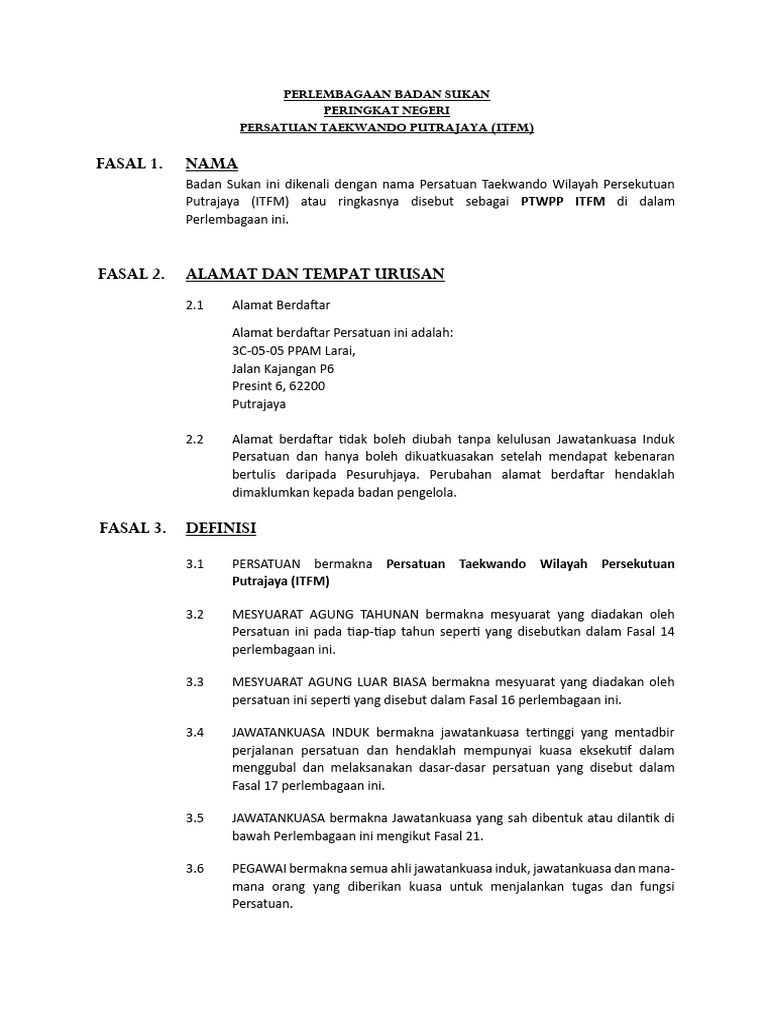 PERLEMBAGAAN BADAN SUKAN PERSATUAN TAEKWANDO PUTRAJAYA (ITFM) | PDF