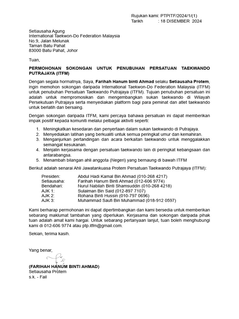 Permohonan Sokongan Untuk Penubuhan Persatuan Taekwando Putrajaya (Itfm) | PDF