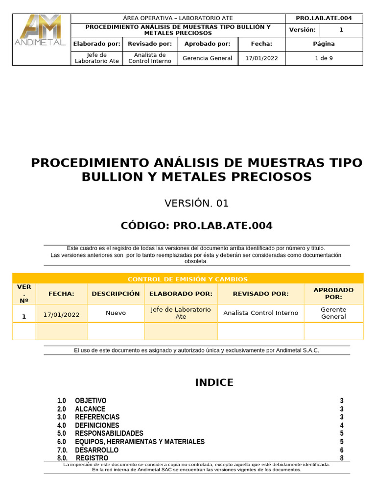 Pro - Lab.ate.004 - Procedimiento Análisis de Bullones | PDF | Laboratorios | Rieles