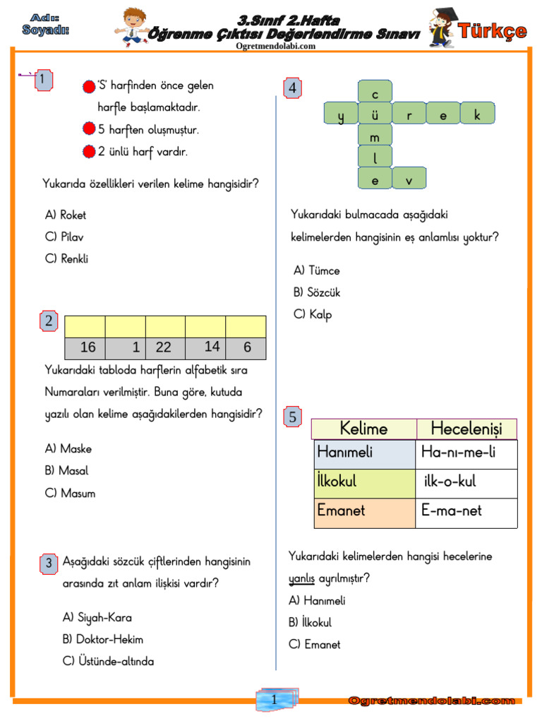 3.sinif 2.hafta Ogrenme Ciktisi Degerlendirme Sinavi | PDF
