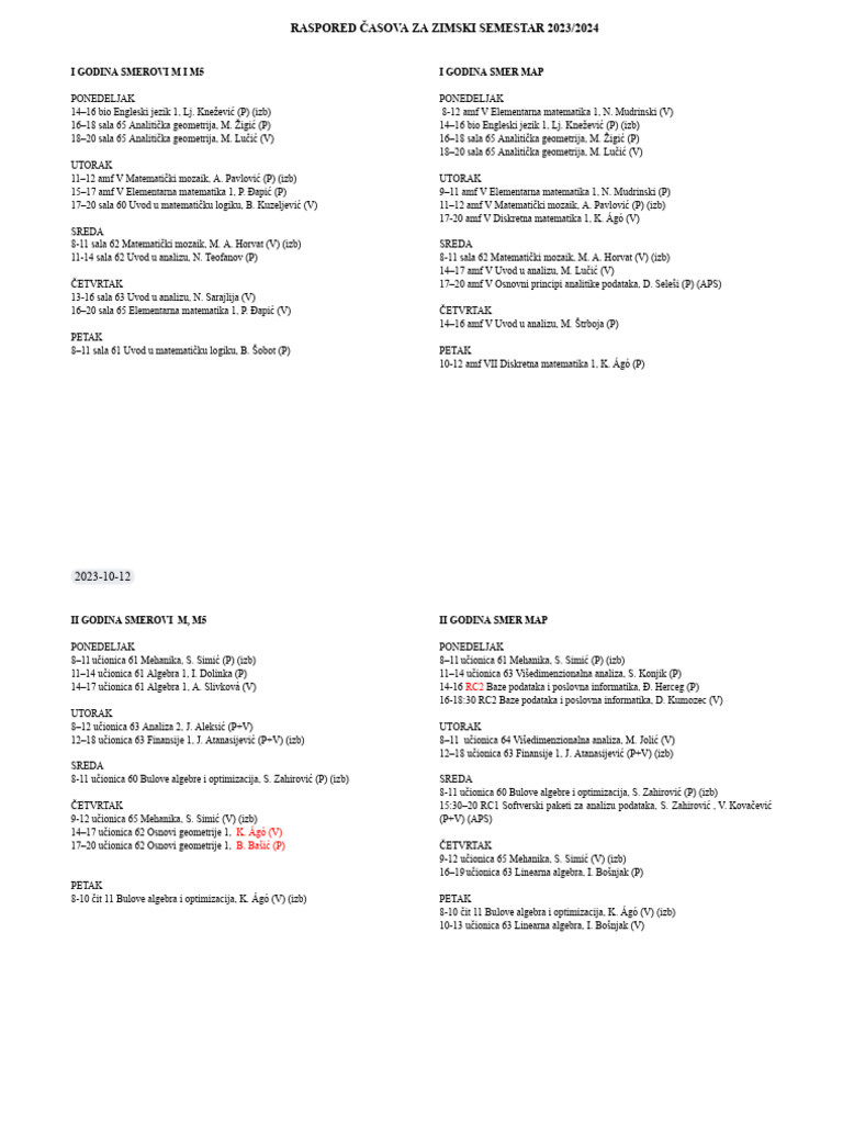 Raspored Časova Zimski Semestar 2023 | PDF