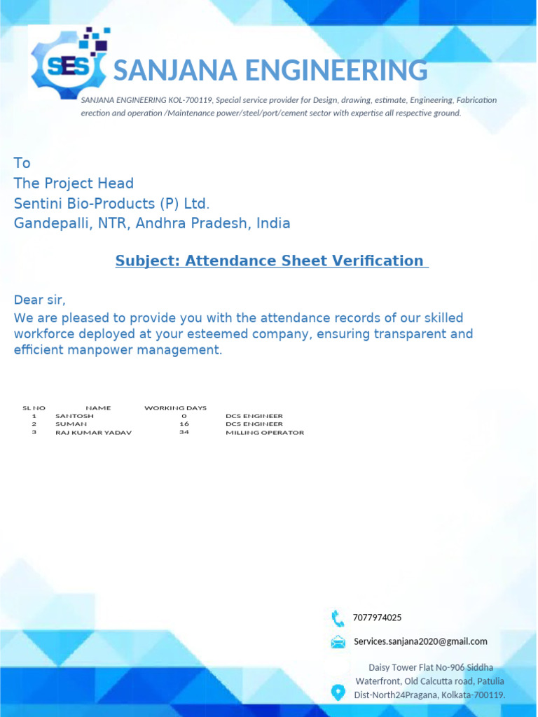 Attendance Sheet of Sentini Bio-Products (P) Ltd. | PDF