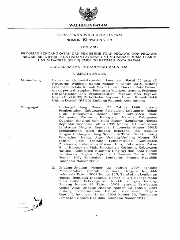 Perwako_btm_2013_no_62 Pengangkatan Pegawai Non Pns Rsud Ef | PDF