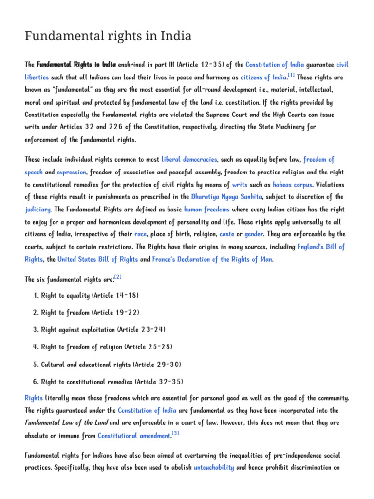 Fundamental Rights in India - Wikipedia | PDF | Justice | Crime & Violence